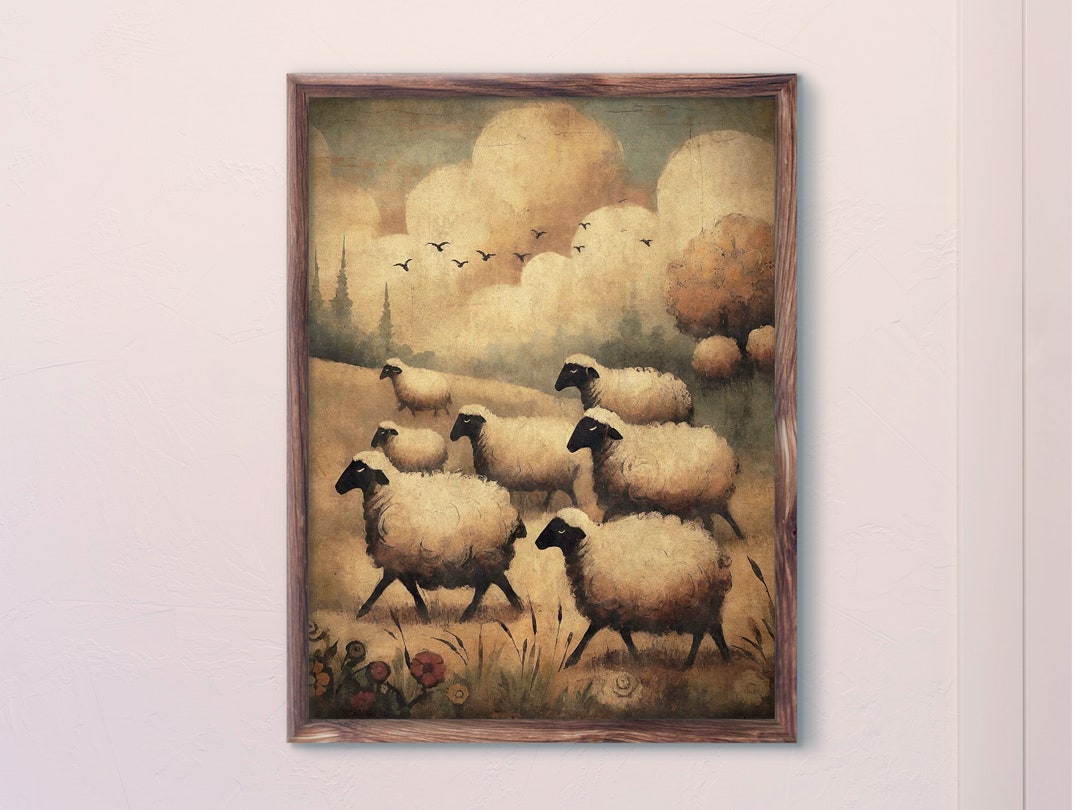 Flock of Sheep Printable Painting, Primitive Wall Art, Vintage ...