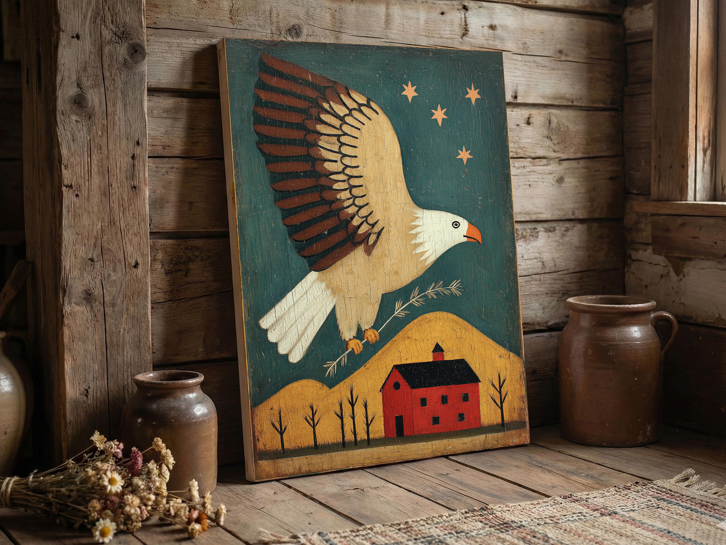Primitive American Eagle Print, Printable Americana Folk Art Wall Decor ...
