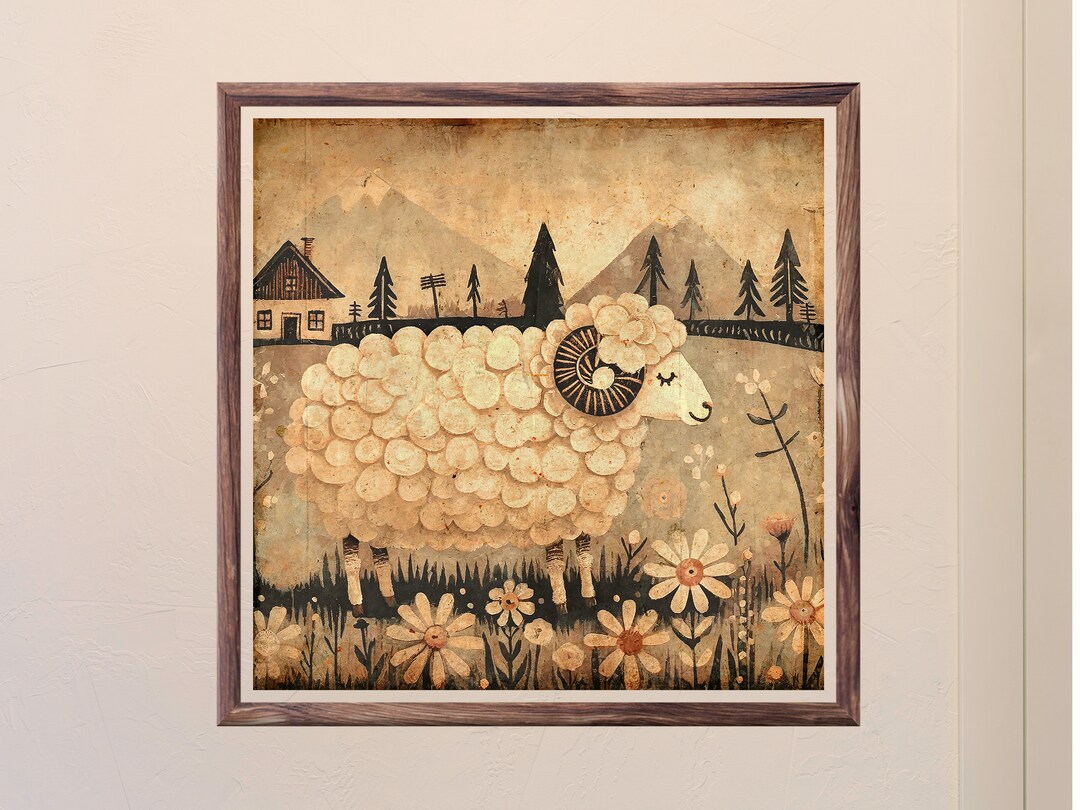 Printable Vintage Sheep Painting, Primitive Art Home Decor, Folk Art ...