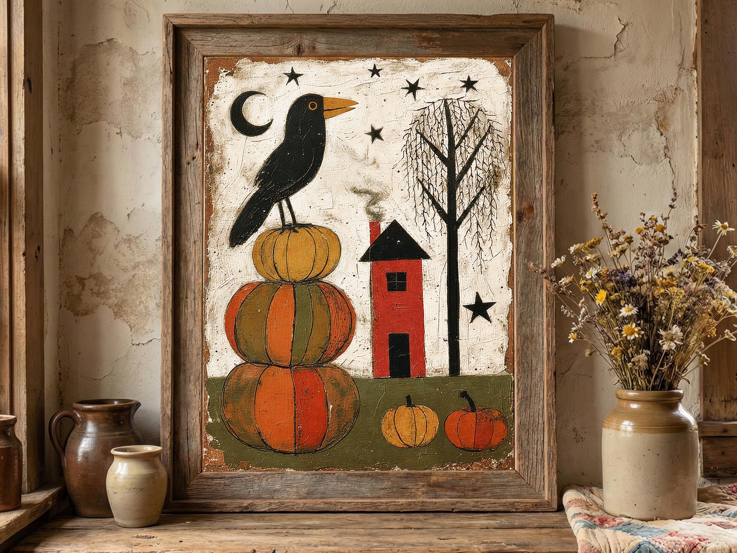 Primitive Crow on Pumpkin Folk Art Print, Rustic Farmhouse Halloween ...