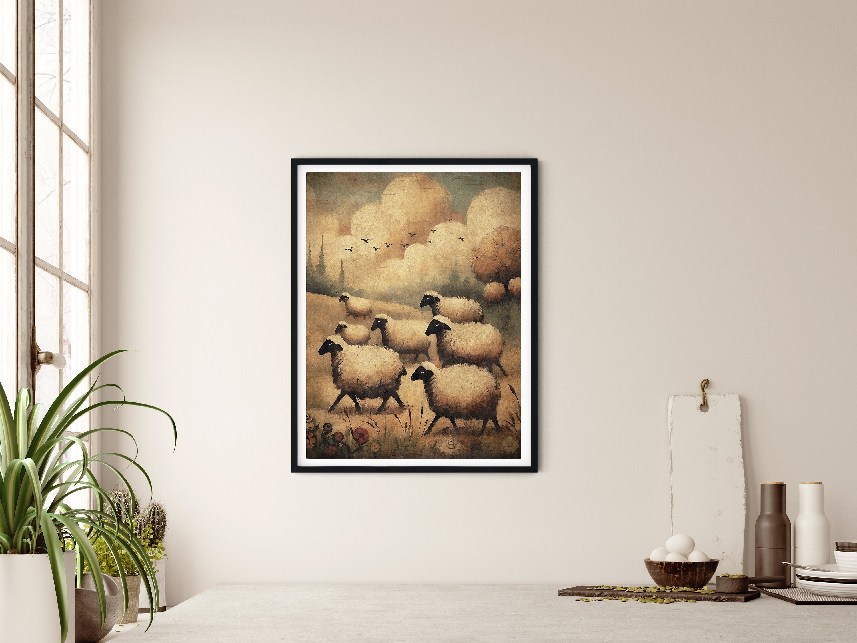 Flock of Sheep Printable Painting, Primitive Wall Art, Vintage ...