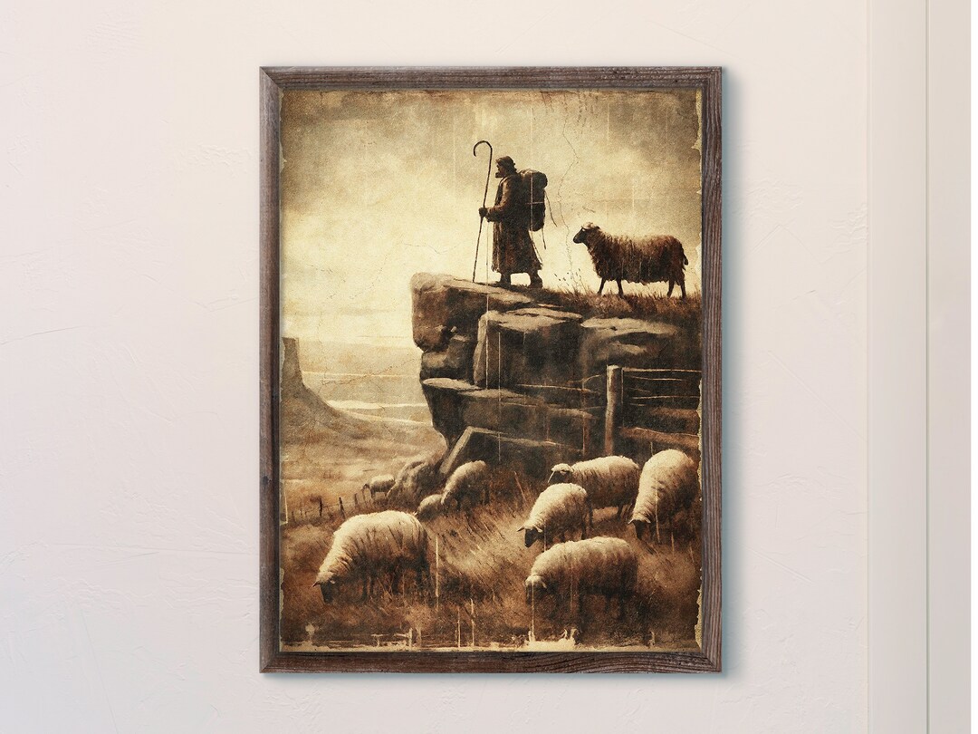 Shepherd Primitive Art Print, Printable Vintage Sheep Wall Art, Flock ...