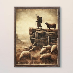 Shepherd Primitive Art Print, Printable Vintage Sheep Wall Art, Flock ...
