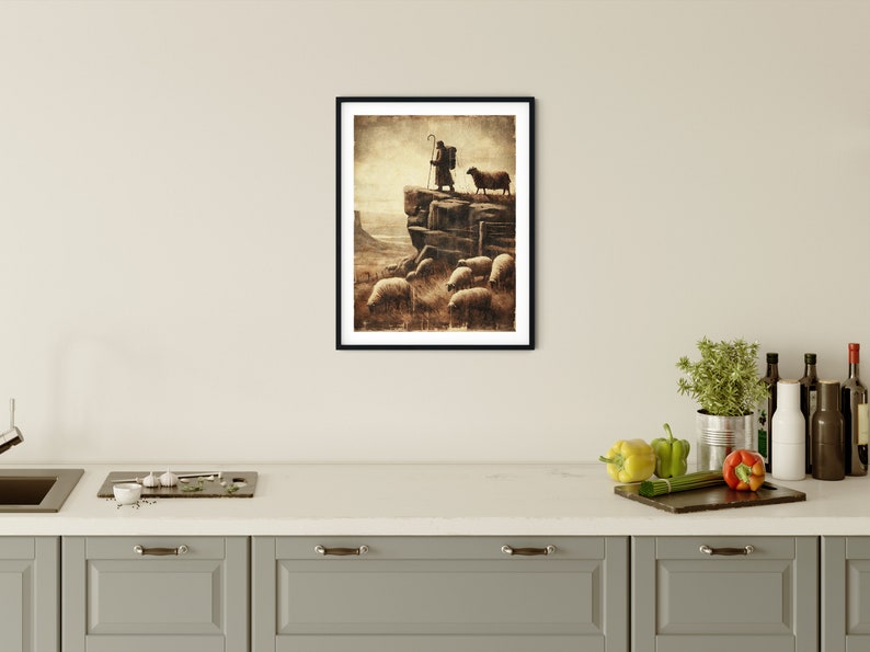 Shepherd Primitive Art Print, Printable Vintage Sheep Wall Art, Flock ...