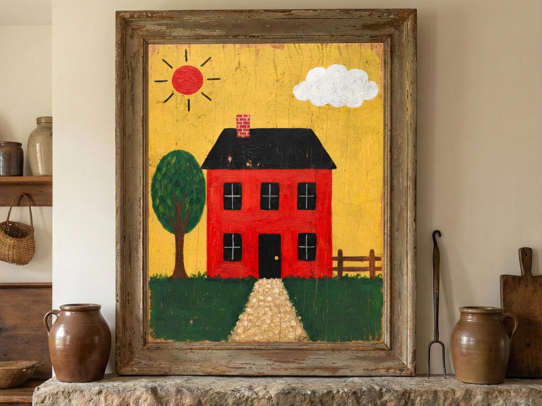 Vintage Saltbox House Folk Art Print, Primitive Red Farmhouse Wall ...