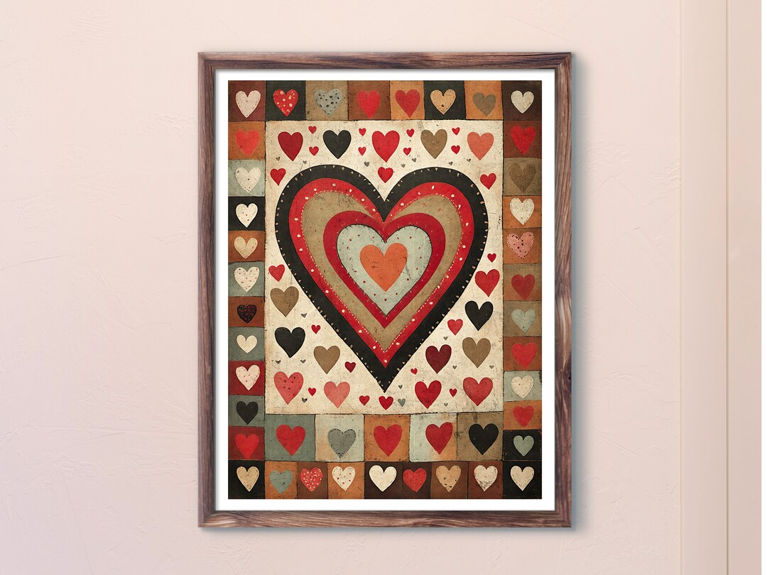 Primitive Heart Pattern Painting, Printable Love Symbol Folk Art ...