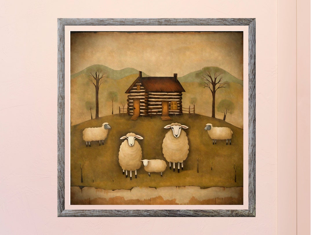 Sheep and Log Cabin Primitive Folk Art Print (digital Download) - Etsy