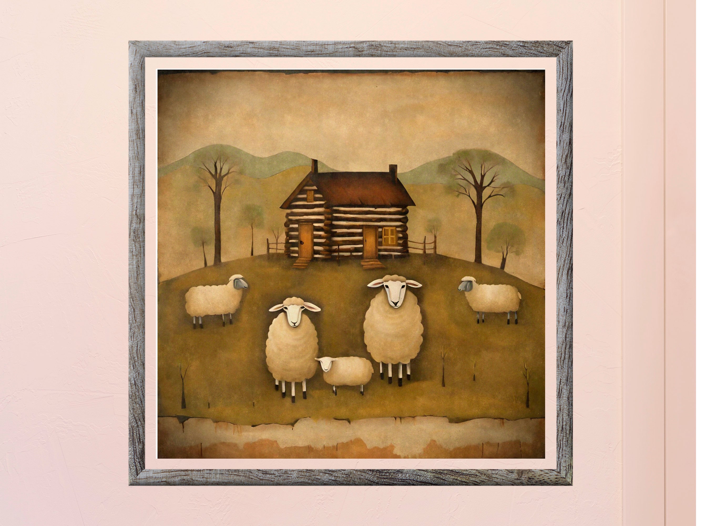 Sheep and Log Cabin Primitive Folk Art Print (digital Download) - Etsy