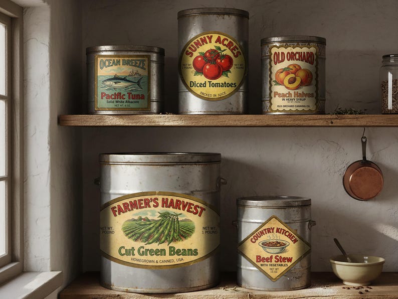 Vintage Food Can Labels Printable Bundle, Rustic Kitchen Decor, DIY ...