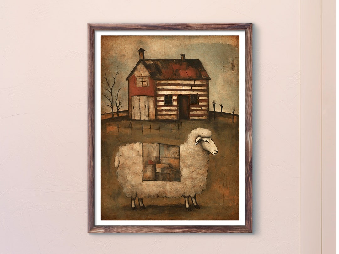 Printable Vintage Sheep Painting, Primitive Art Log Cabin, Folk Art ...