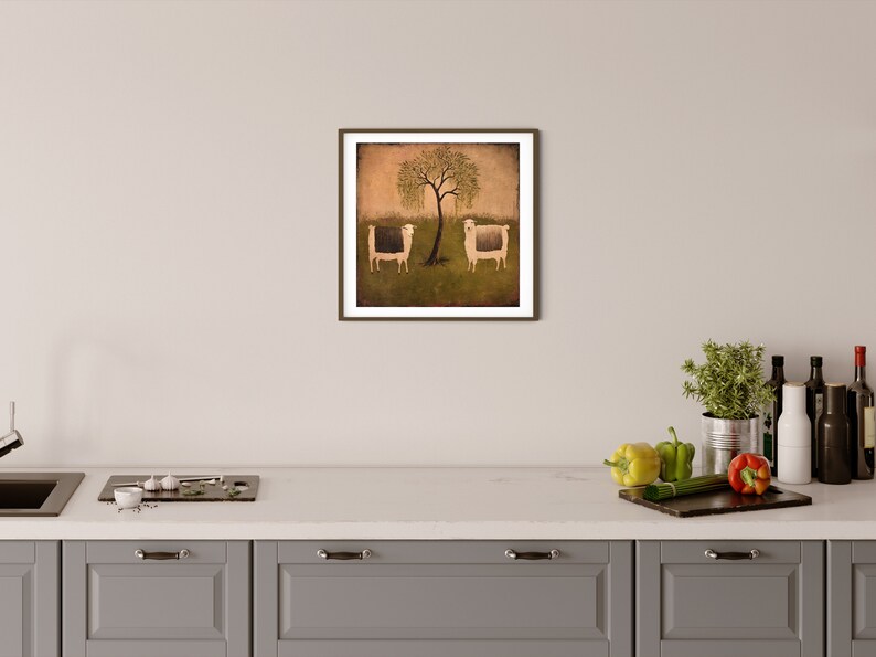 Primitive Art Vintage Sheep Painting, Printable Folk Art Willow Tree ...