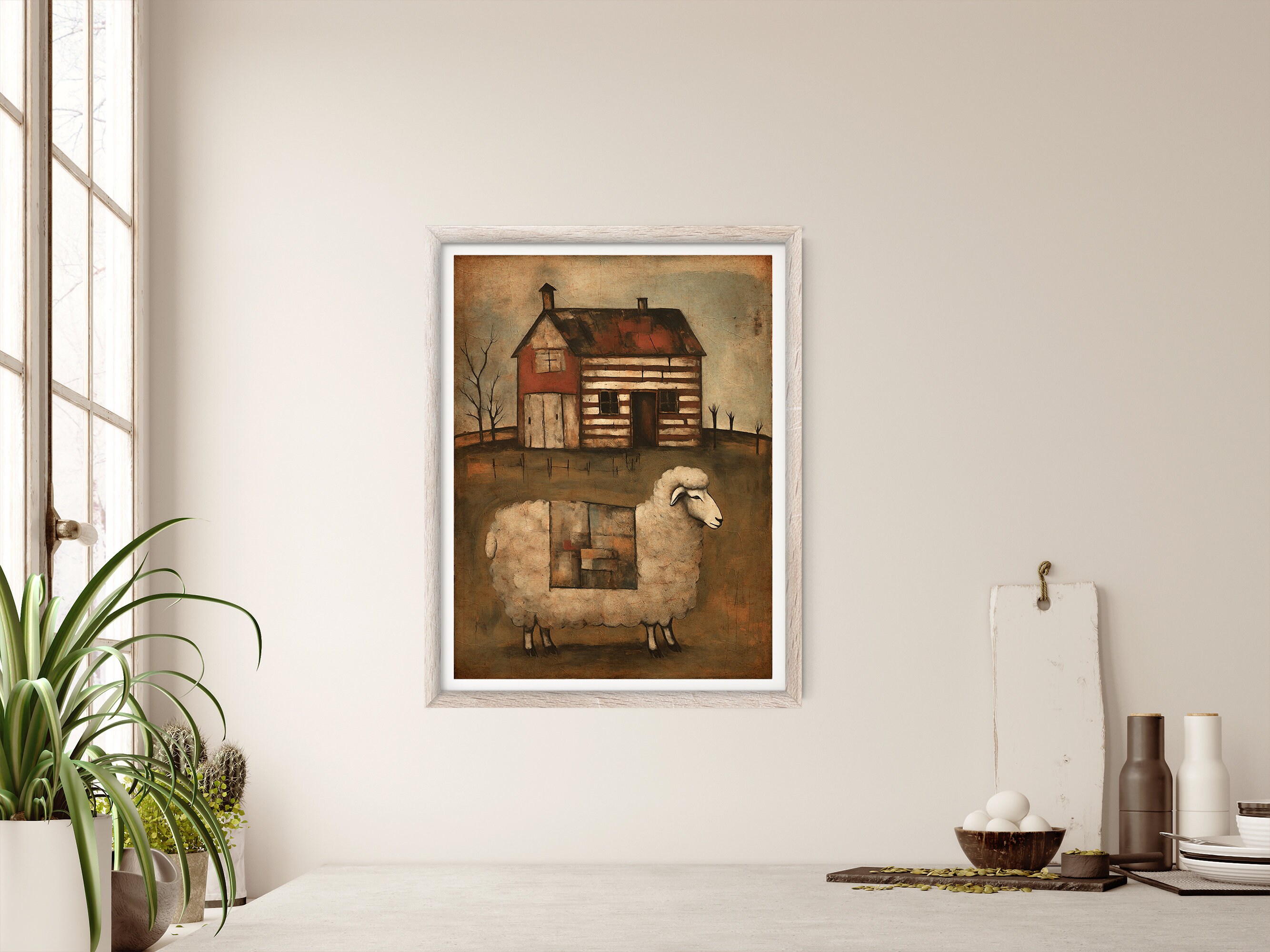 Printable Vintage Sheep Painting, Primitive Art Log Cabin, Folk Art ...