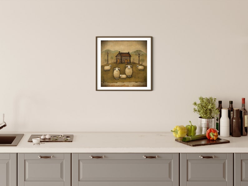 Sheep and Log Cabin Primitive Folk Art Print, Rustic Farmhouse Vintage ...
