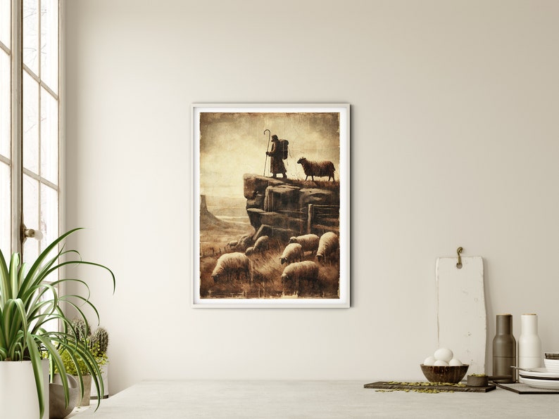 Shepherd Primitive Art Print, Printable Vintage Sheep Wall Art, Flock ...