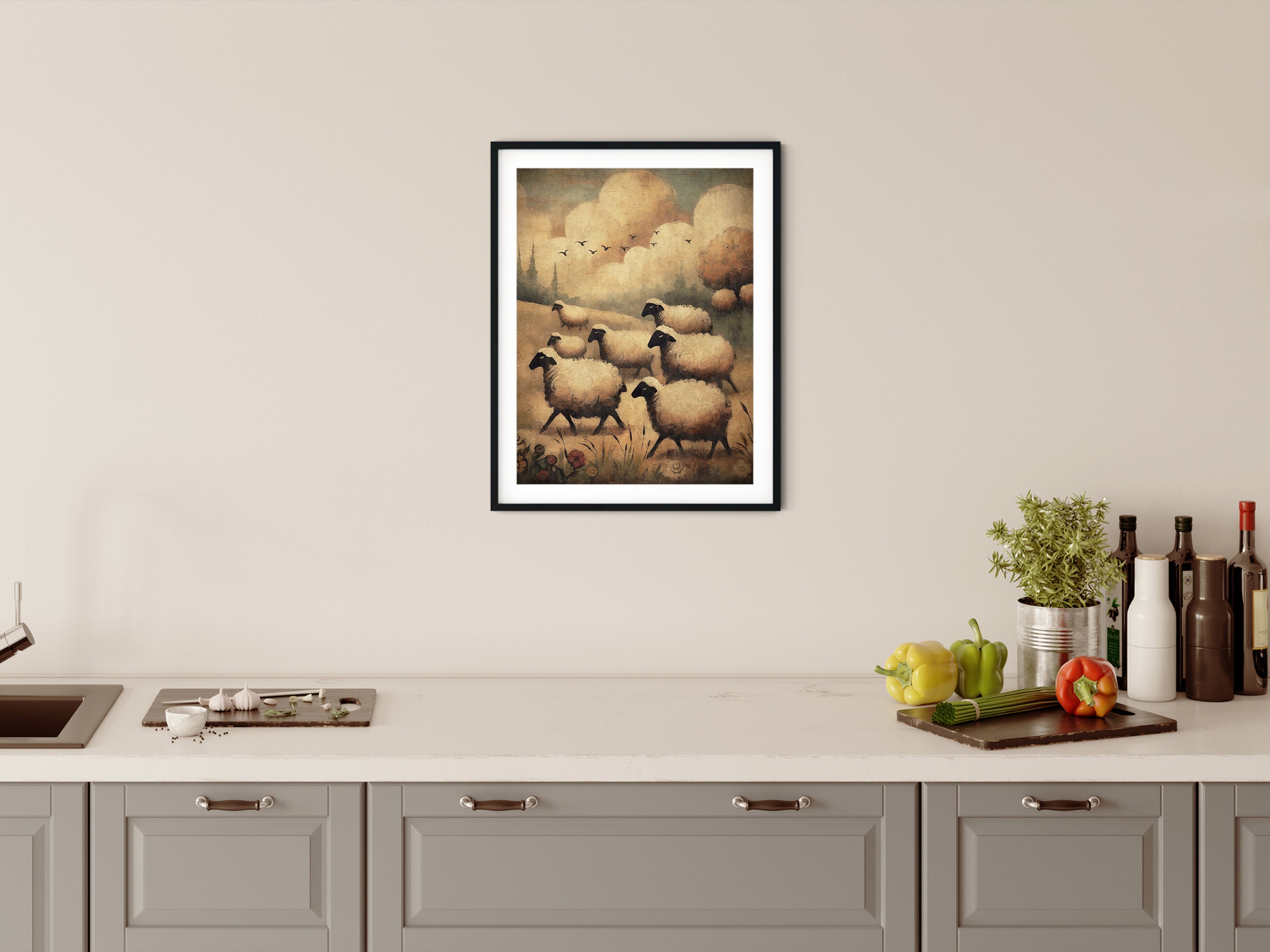 Flock of Sheep Printable Painting, Primitive Wall Art, Vintage ...