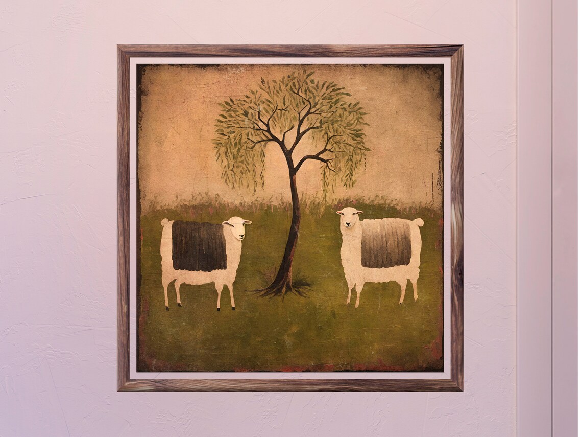 Primitive Art Vintage Sheep Painting, Printable Folk Art Willow Tree ...