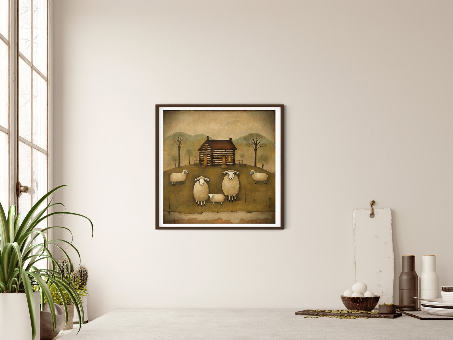 Sheep and Log Cabin Primitive Folk Art Print (digital Download) - Etsy