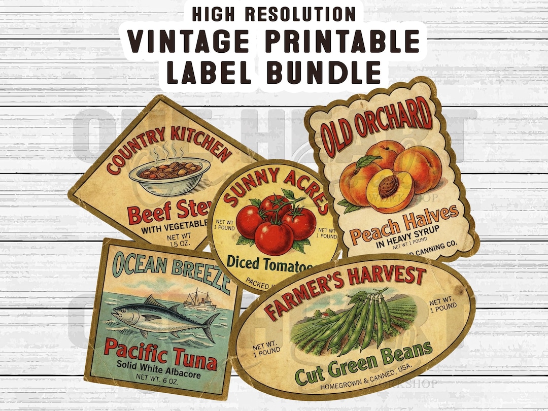 Vintage Food Can Labels Printable Bundle, Rustic Kitchen Decor, DIY ...