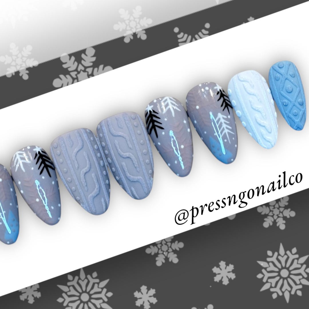 Winter Press-on Nails | Blue and Grey Sweater Nails | Custom Winter ...