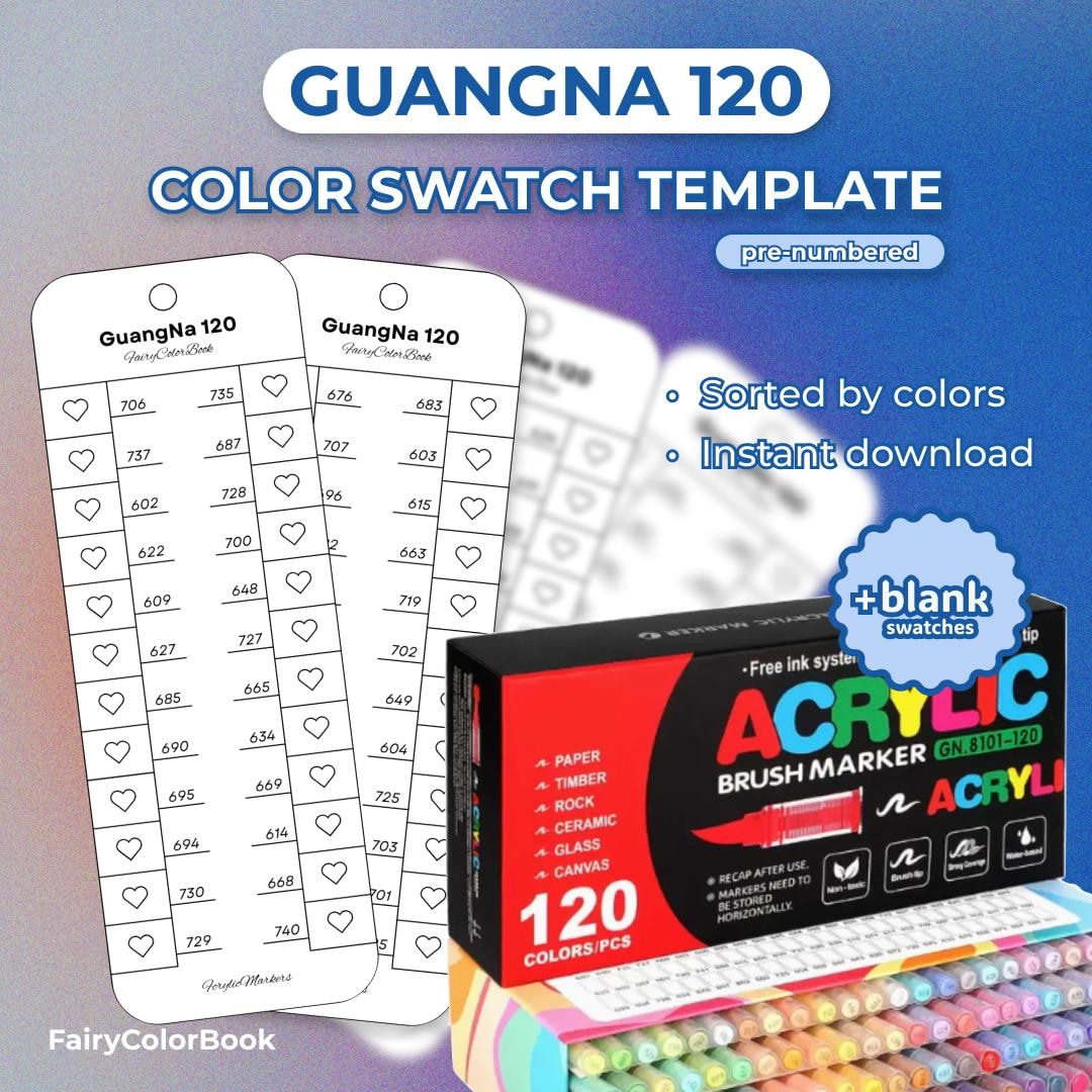 Guangna 120 Acrylic Marker Color Chart: Swatch Template (PDF Download ...