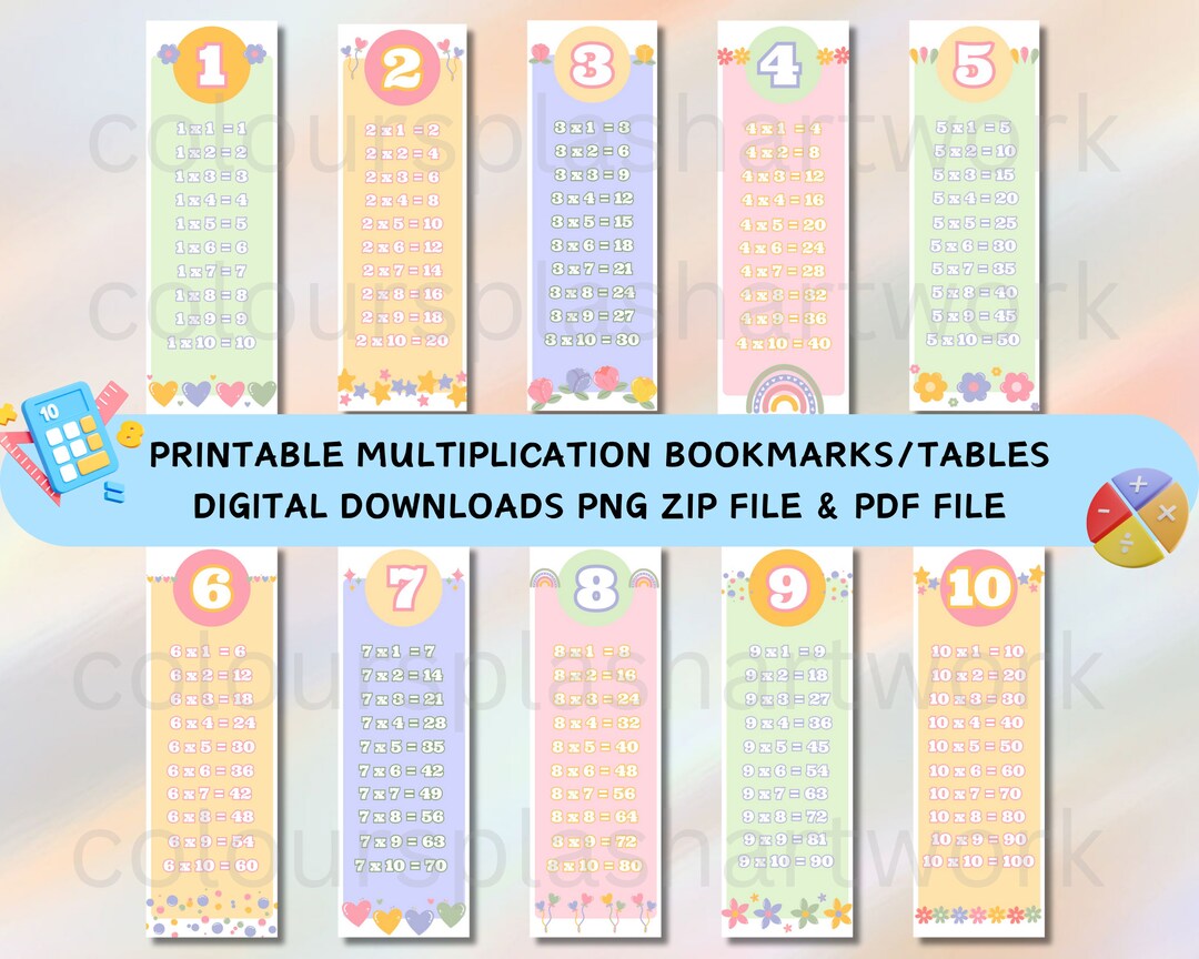 Cute Pastel Color Printable Multiplication Table Bookmarks Kids ...