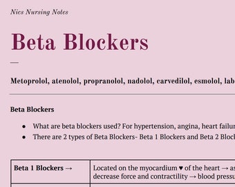 Pharm Cheat Sheet Beta Blocker Nursing Students *instant Download* - Etsy