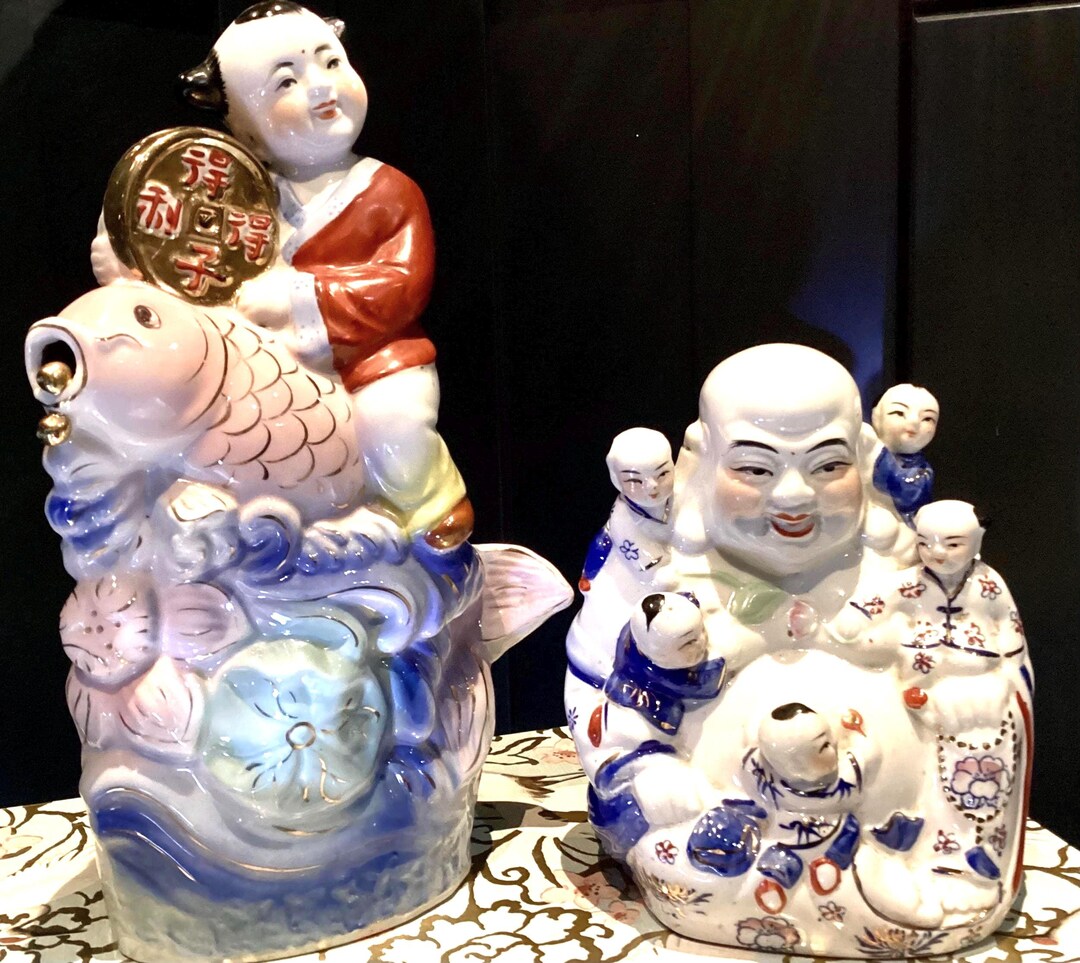 Vintage Chinese Porcelain Figurines: Tongzi Fisher Boy & Buddha of ...
