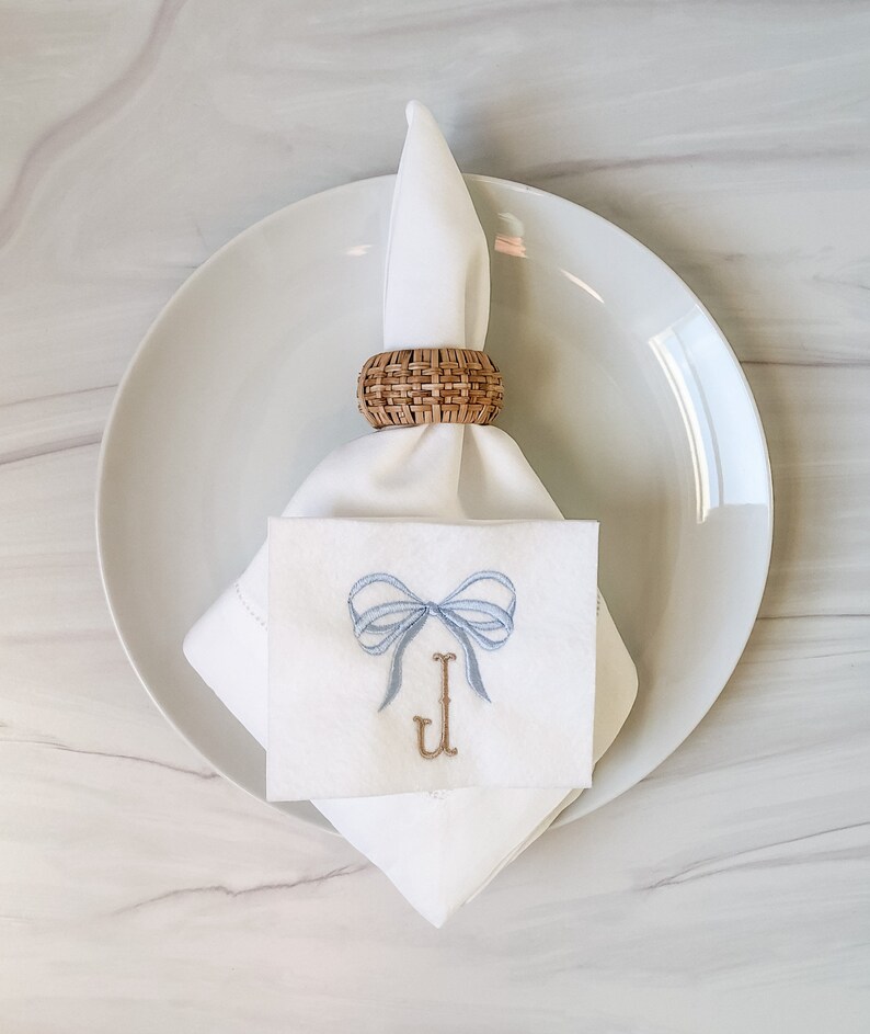 Light Blue Bow With Initial Custom Embroidered Hand Towel Cocktail ...