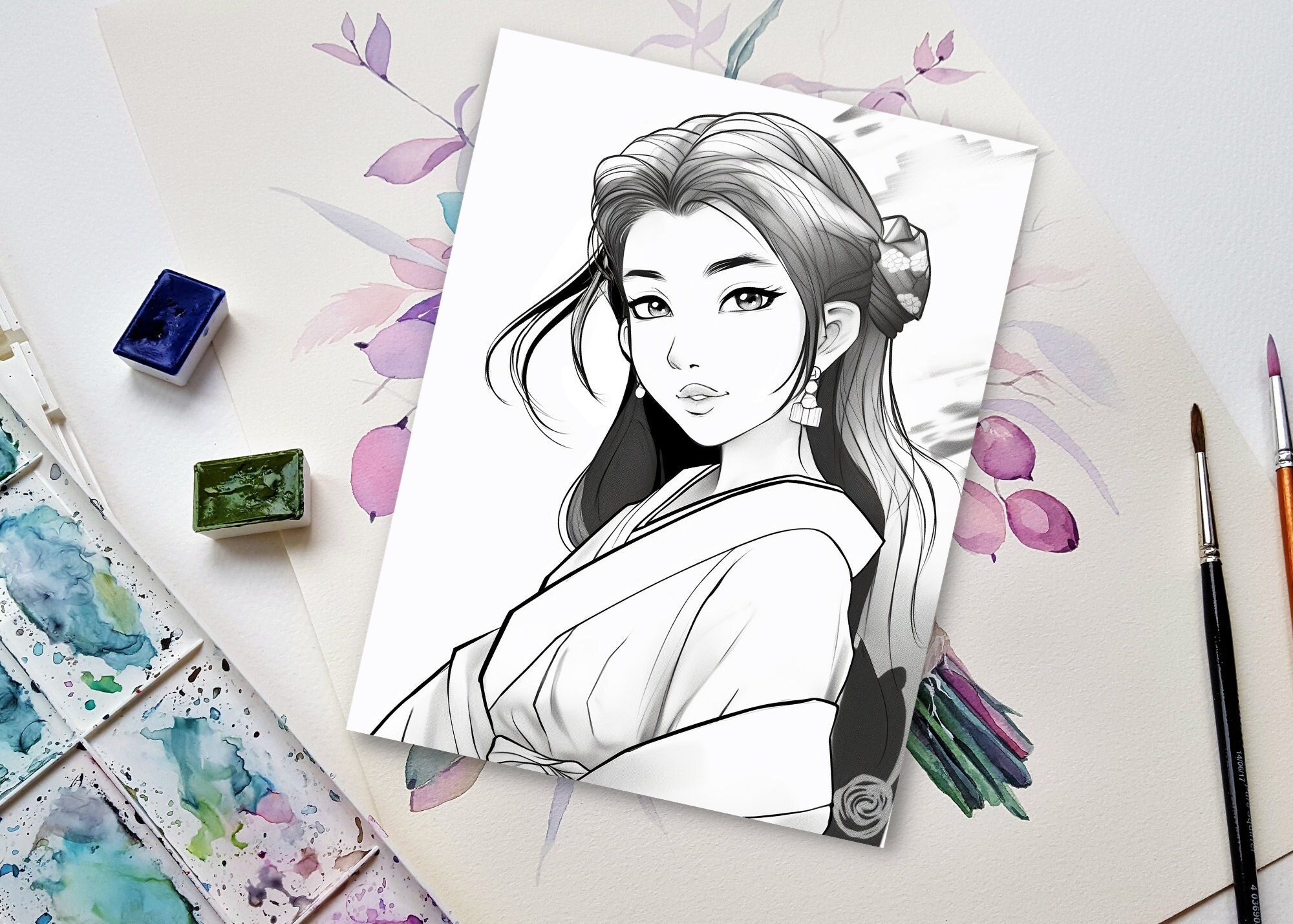 Japanese Geisha Coloring Pages for Adults- Elegant Printable Art for ...