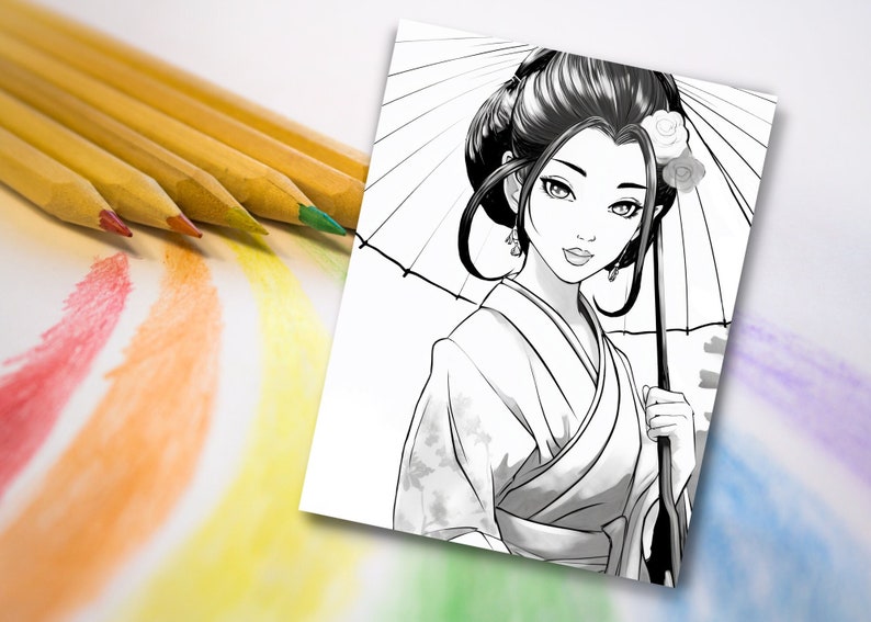 Japanese Geisha Coloring Pages for Adults- Elegant Printable Art for ...