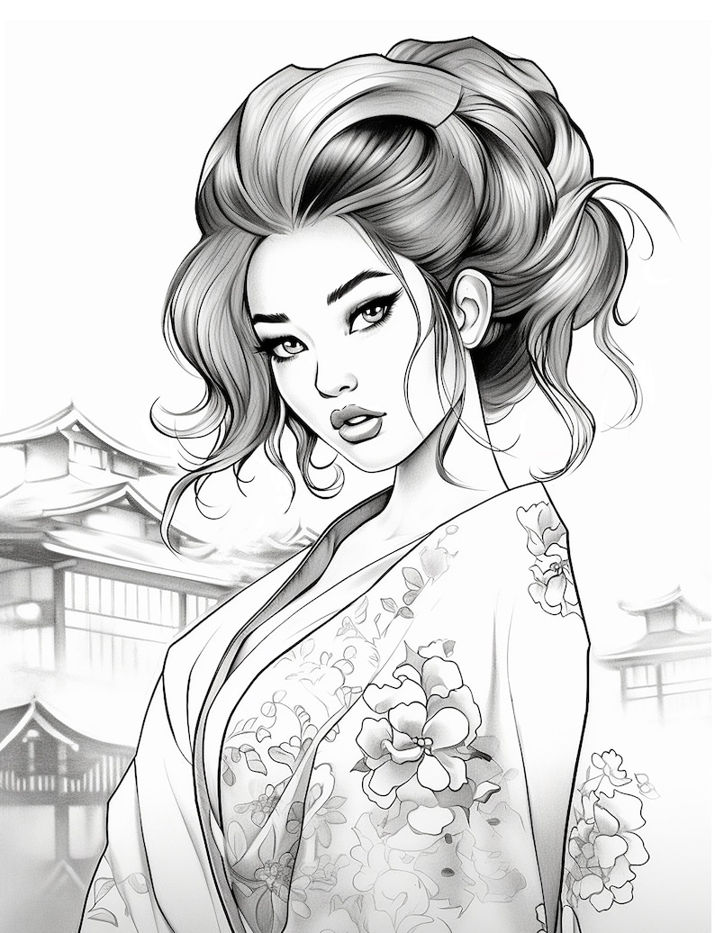 Japanese Geisha Coloring Pages for Adults- Elegant Printable Art for ...