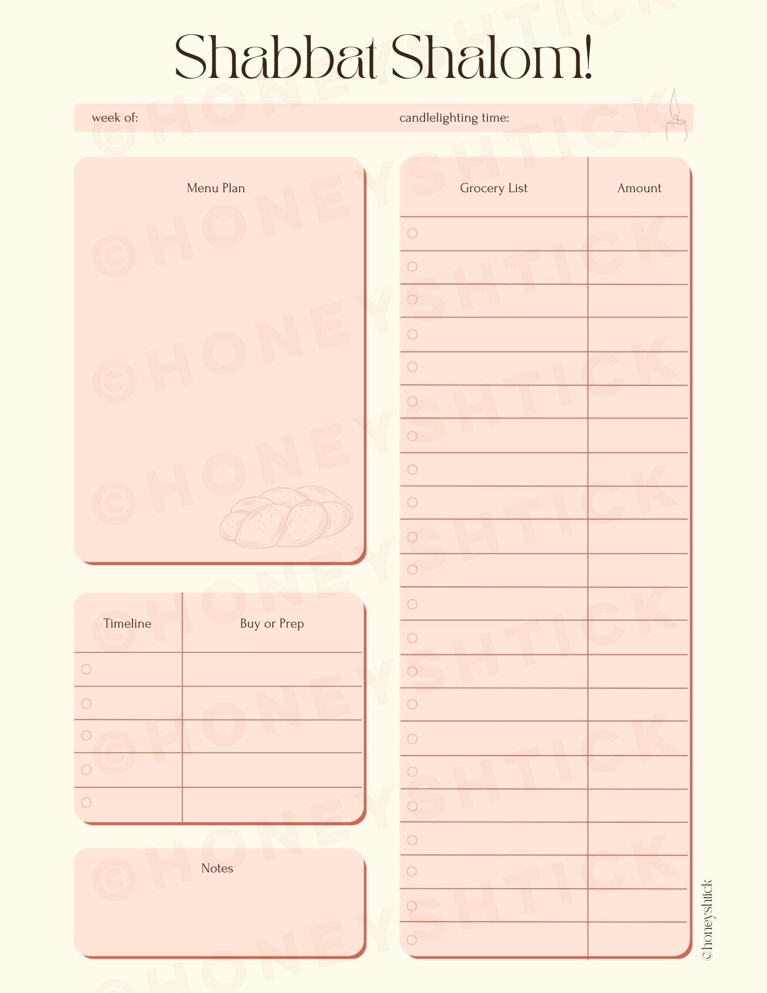 Shabbat Meals Planner Printable, Shabbos Meal Prep, Help for the Jewish ...