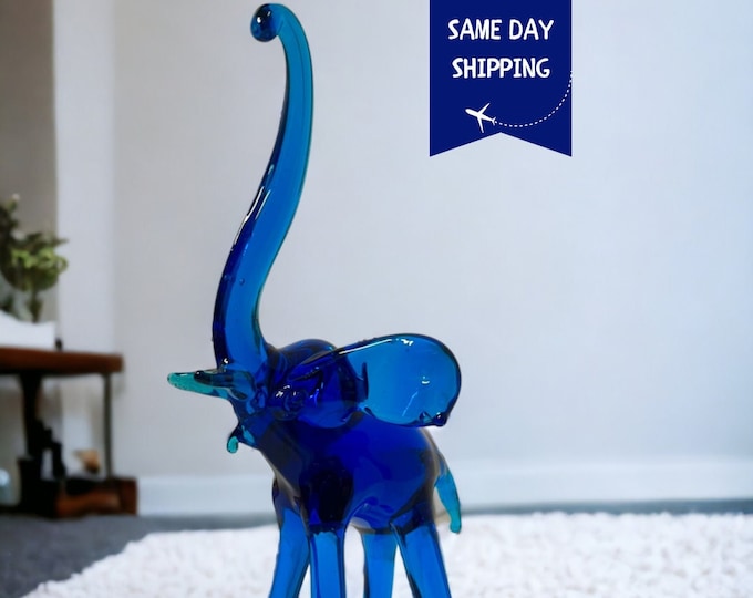 Glass Elephant Sculpture, Glass Animal Figurine, Blue Glass Elephant ...