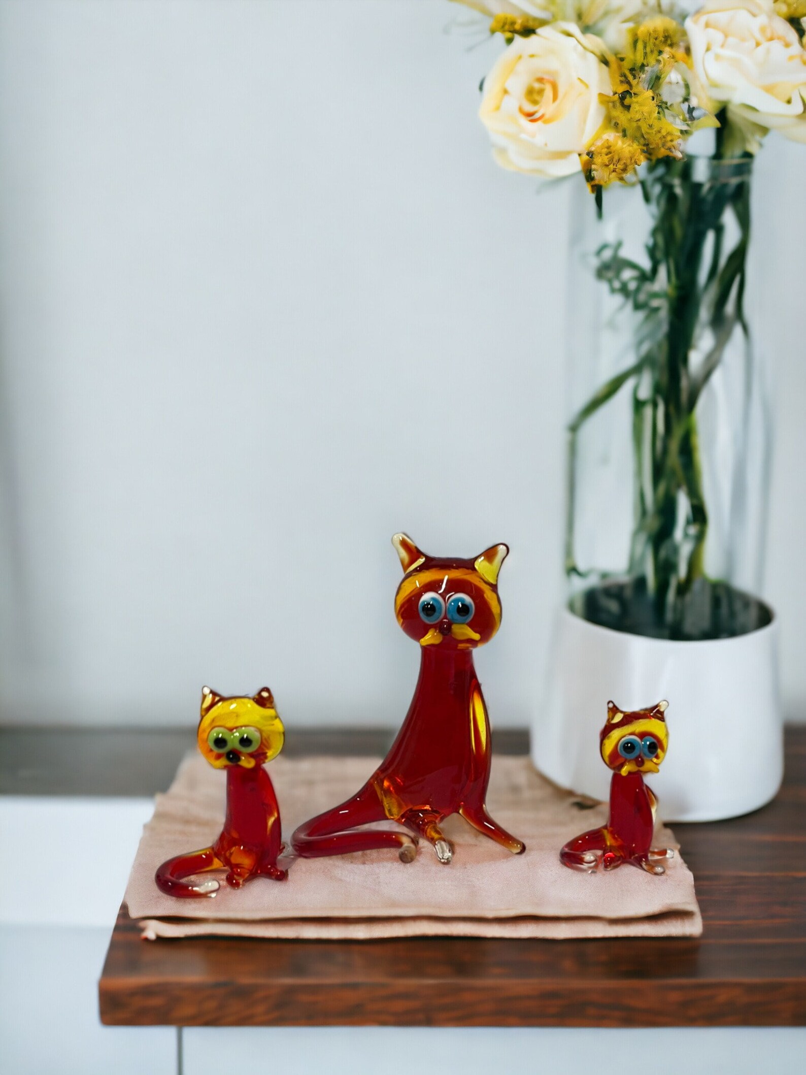 Glass Art Cat Set, Murano Glass Cat Set, Cute Cat, Tabletop Home Decor ...
