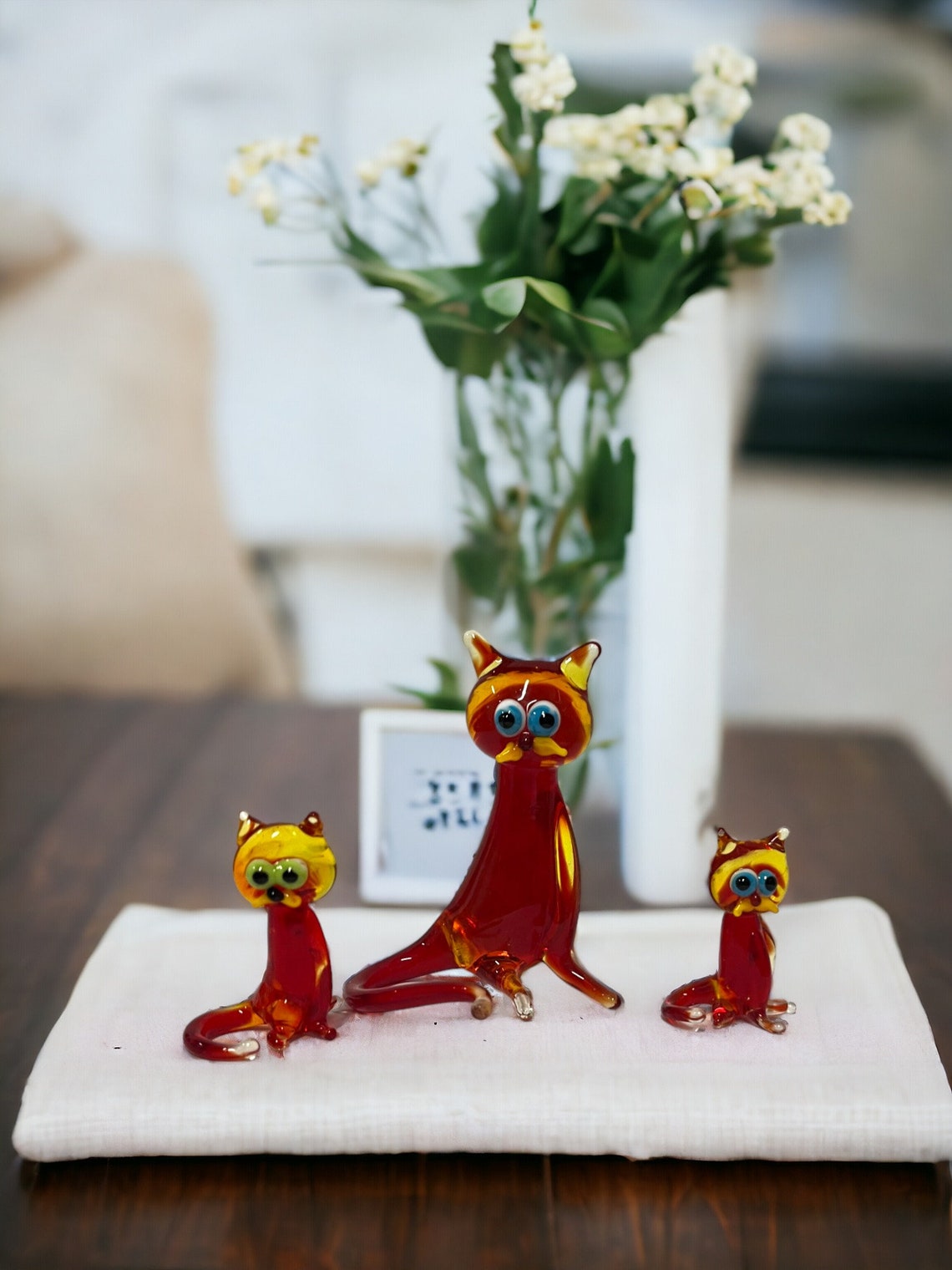 Glass Art Cat Set, Murano Glass Cat Set, Cute Cat, Tabletop Home Decor ...