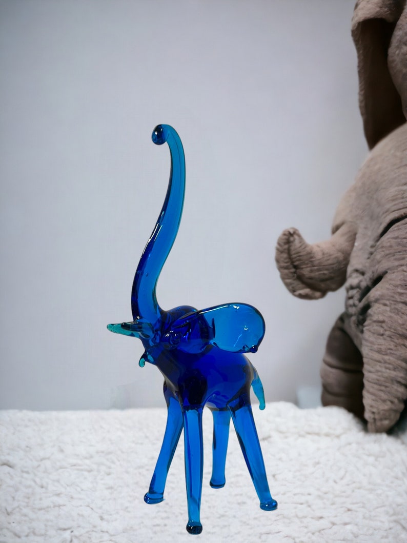 Glass Elephant Sculpture, Glass Animal Figurine, Blue Glass Elephant ...