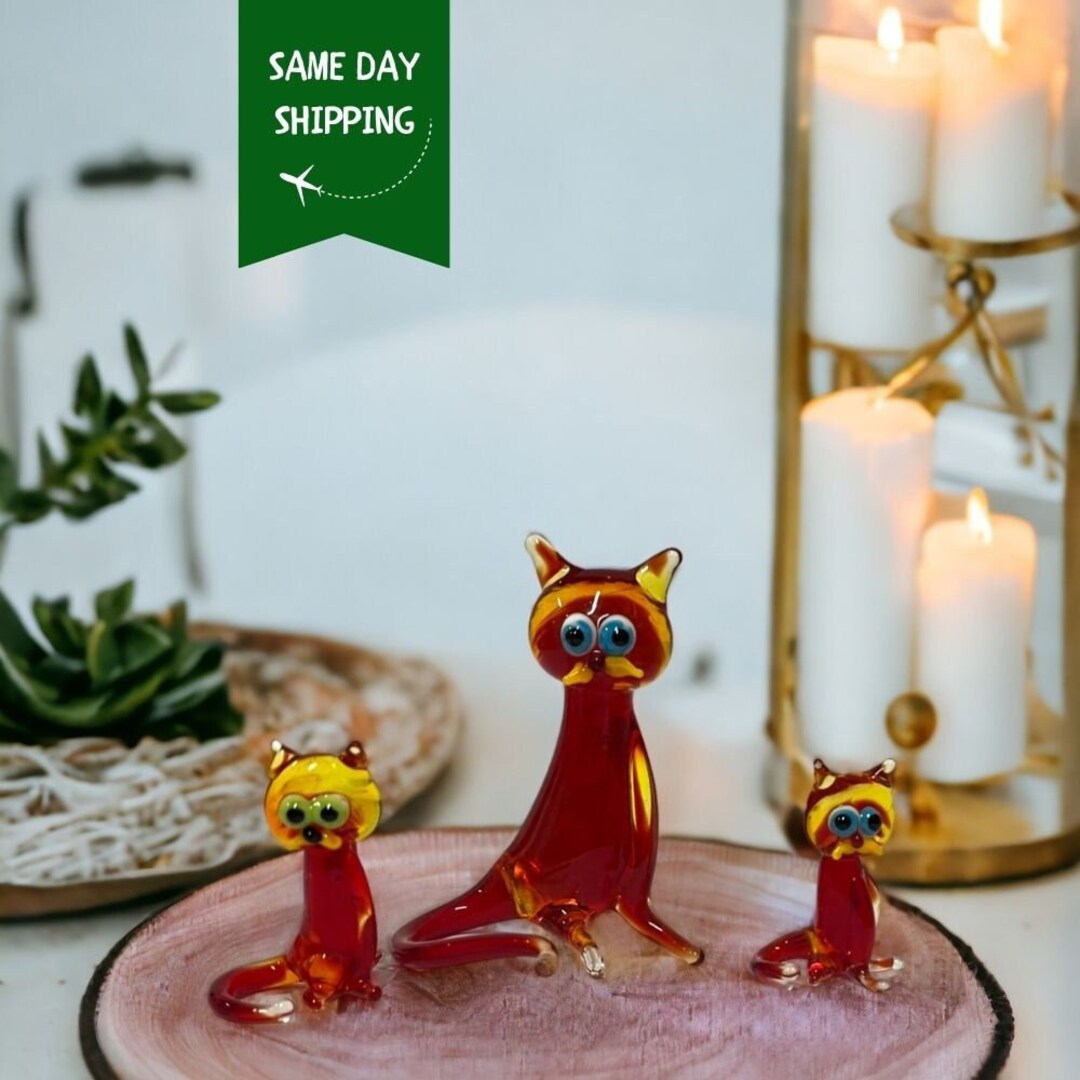 Glass Art Cat Set, Murano Glass Cat Set, Cute Cat, Tabletop Home Decor ...