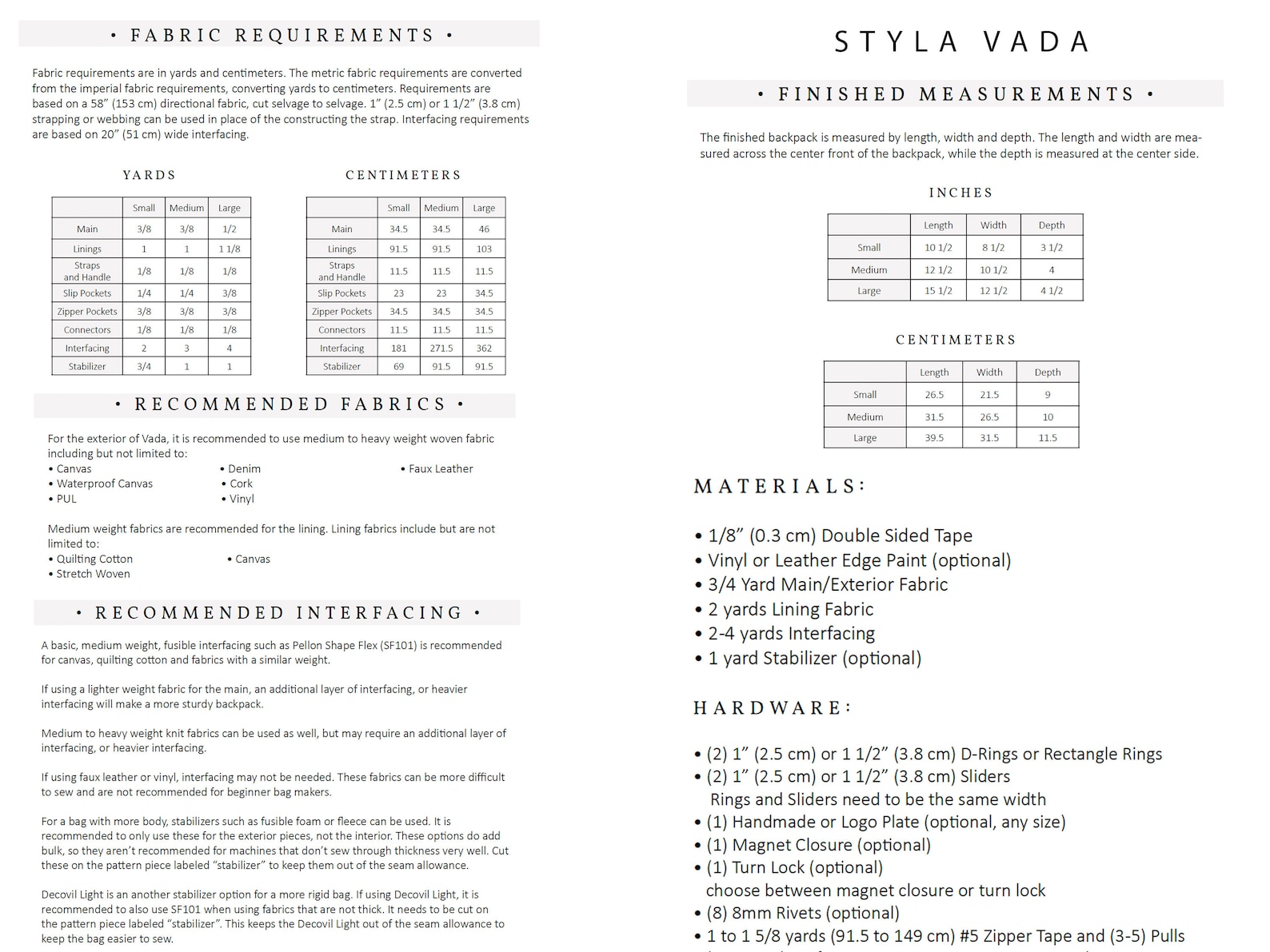 Vada Backpack PDF Sewing Pattern, Including Sizes Small, Medium and Large, Bag Pattern - Etsy Canada