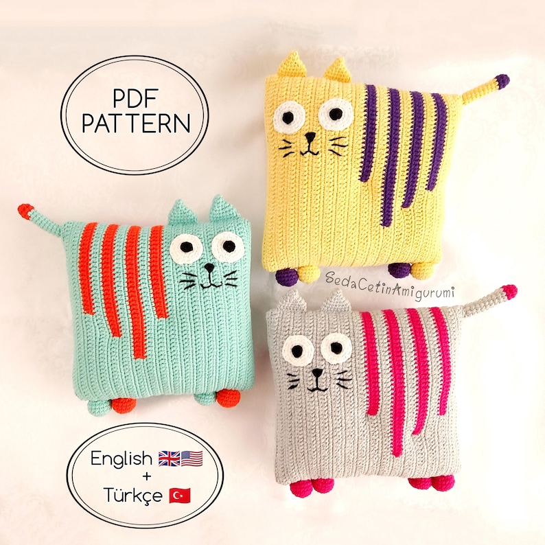 DIY Cat Pillow Crochet Pattern - English, US Terms and Turkish - Printable PDF - Small Size ...