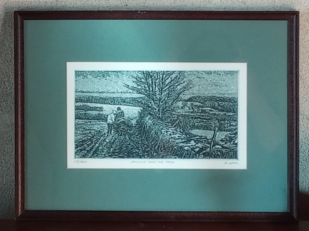 Bringing Home the Tree" by Ryland Loos, Aquatint Etching in Green Ink ...