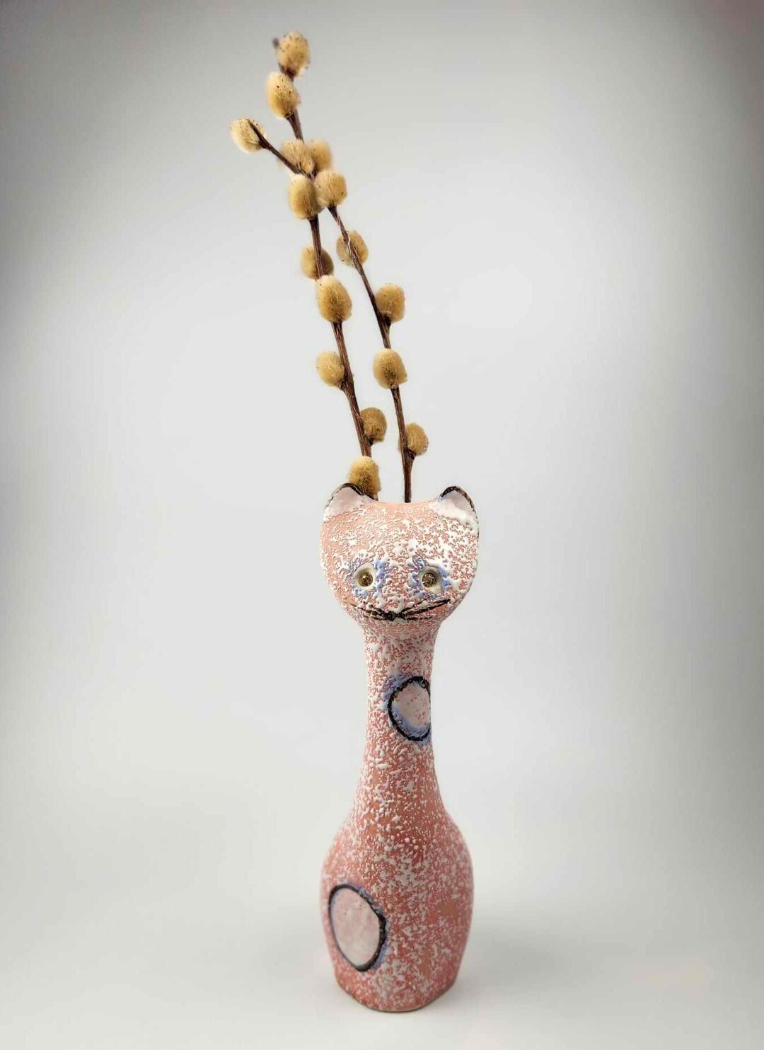 Pink Kitty Cat Bud Vase, Kitschy Mid Century, Textured White Glaze Over Pink Pottery Pussy Cat ...