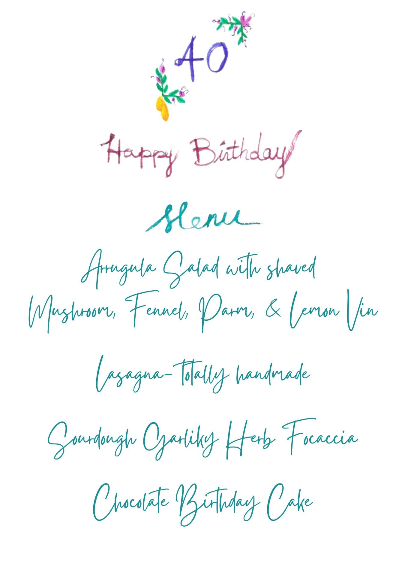 40th Birthday Menu Template Instant Download Hand Drawn Calligraphy ...