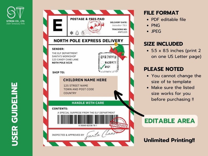 EDITABLE Elf Shipping Label North Pole Delivery Gift Name Tag Santa ...