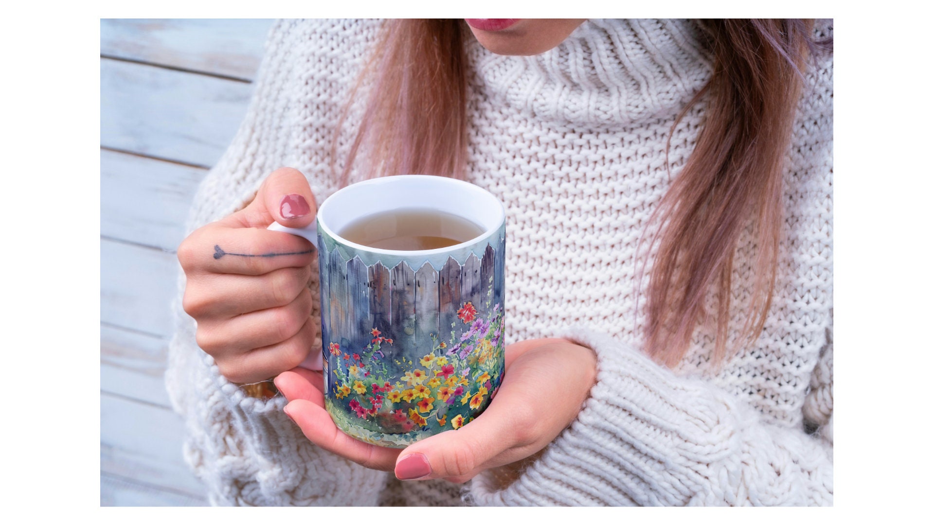 Garden Themed Mug Wrap PNG, Watercolor Flower and Picket Fence Design ...