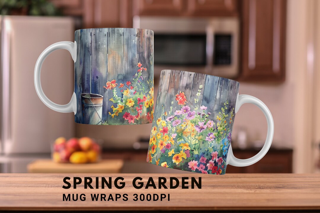 Garden Themed Mug Wrap PNG, Watercolor Flower and Picket Fence Design ...