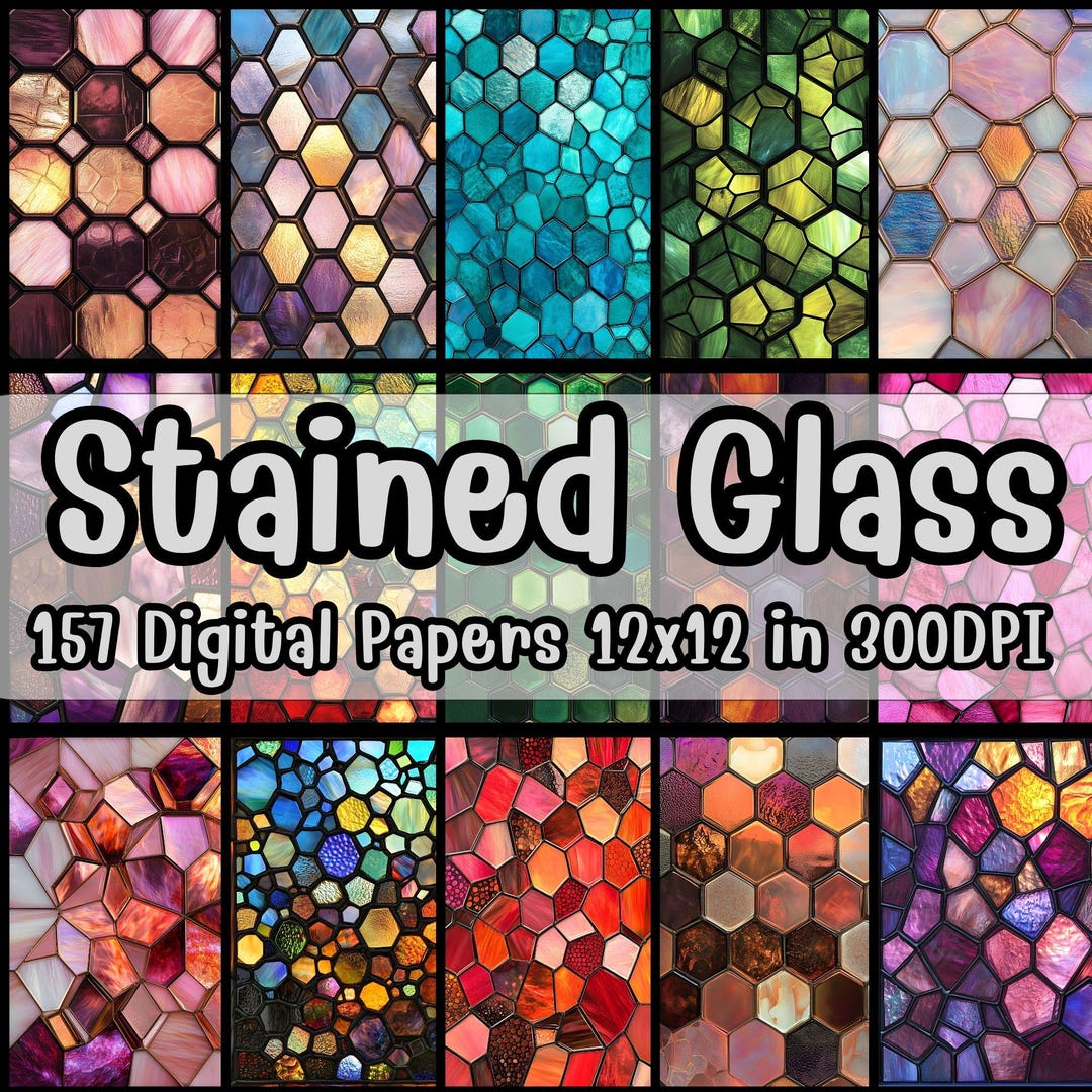 157 Hexagon Stained Glass Digital Papers, Stained Glass Sublimation ...