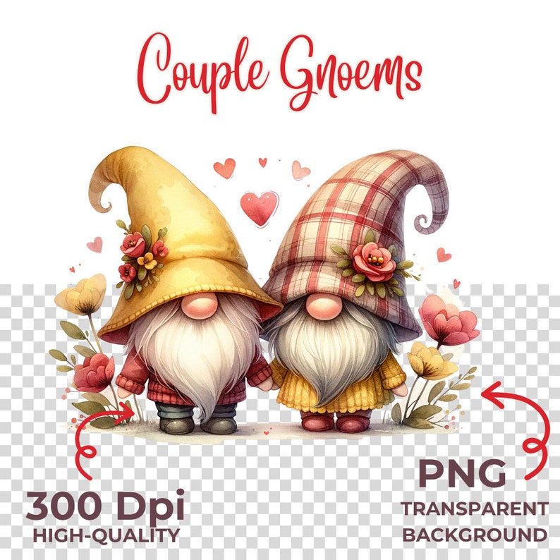 Watercolor Gnome, 300 DPI PNG Files, Couple Gnomes, Gnome Sublimation ...