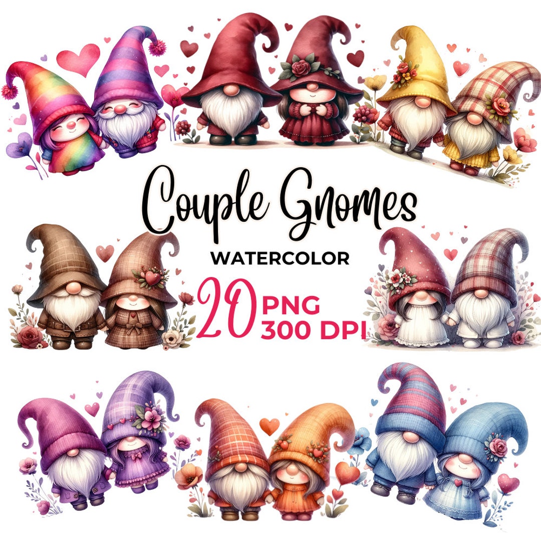 Watercolor Gnome, 300 DPI PNG Files, Couple Gnomes, Gnome Sublimation ...