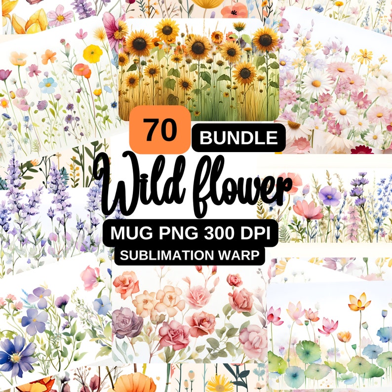 70 Wild Flower PNG Mega Bundle, Wild Flower Mug, Watercolor Flower ...