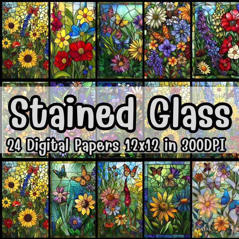 24 Wildflowers Stained Glass Clipart Bundle, Designs Digital Paper ...